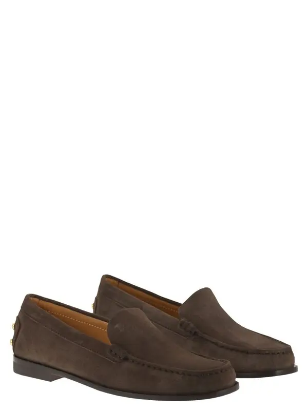 TOD'S Suede Calfskin Loafers With Embossed Monogram And Metal Heel Detail - Brown