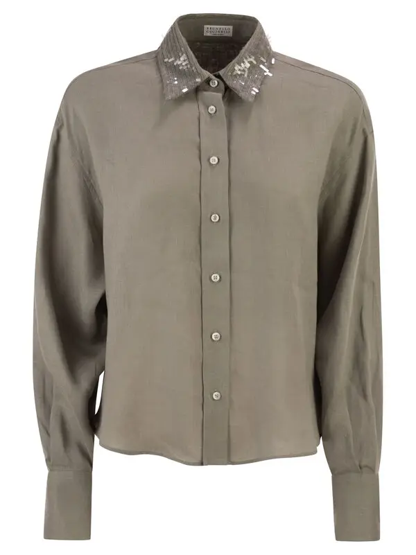 Brunello Cucinelli Linen Shirt With Sequin-embroidered Collar - Yellow