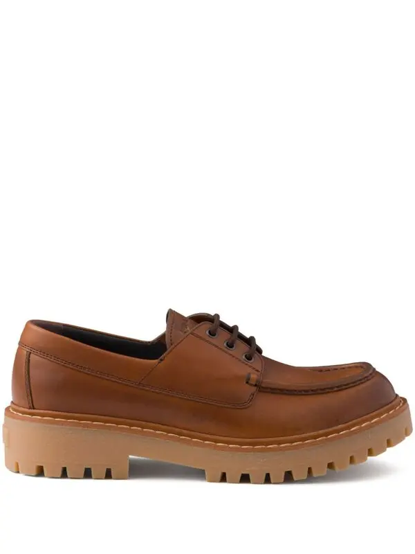 Prada Lace Up Calf Leather Loafers - Brown