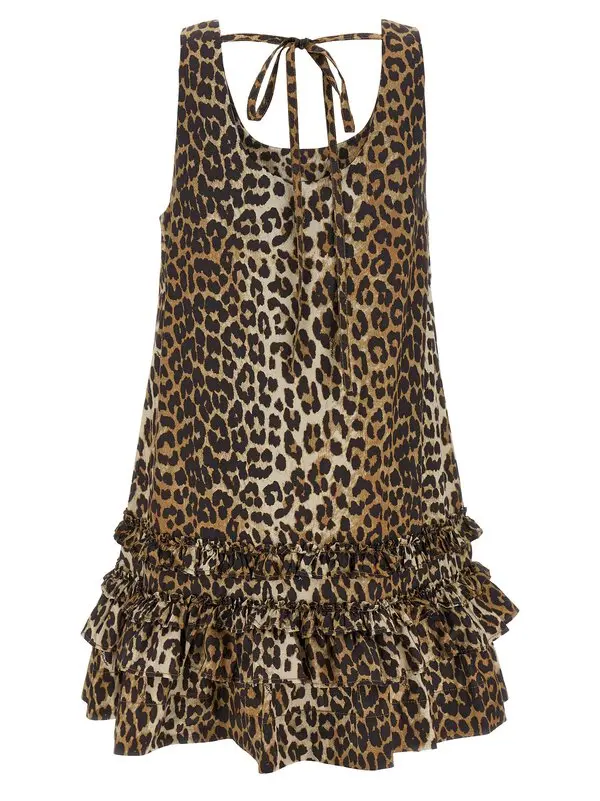 GANNI Leopard Cotton Poplin Mini Dress - Brown