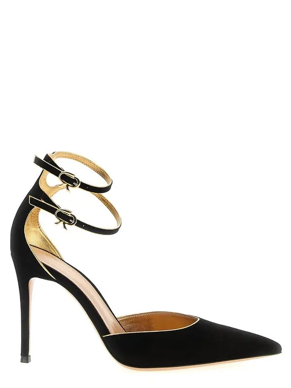 GIANVITO ROSSI Ivette Suede Pointed Pumps With Laminated Leather Piping And Double Adjustable Ankle Strap - Black