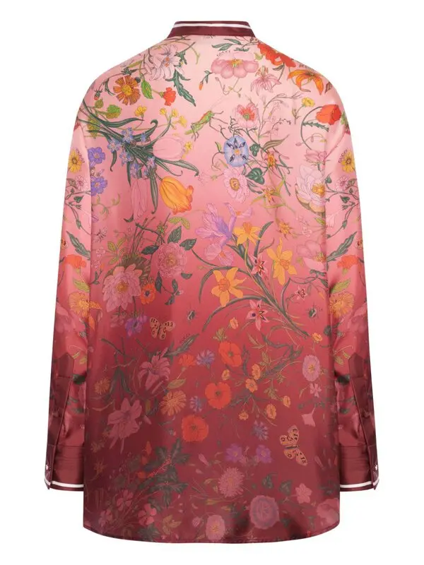 Gucci Printed Silk Floral Ombré Tie Neck Shirt - Multicolor