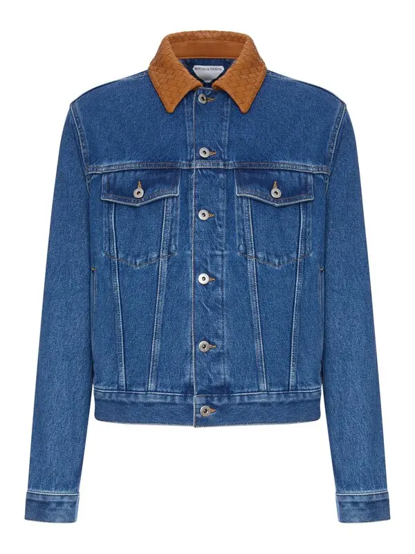 Bottega Veneta Medium Wash Denim Jacket With Intrecciato Leather Collar