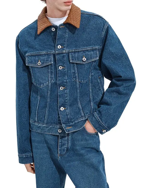 Bottega Veneta Medium Wash Denim Jacket With Intrecciato Leather Collar