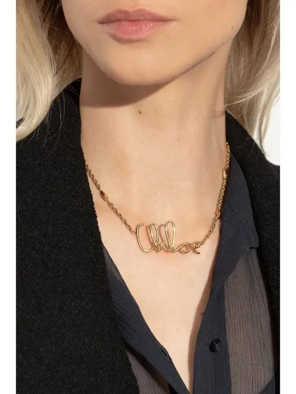 Chloé Gold Tone Brass Script Necklace - Silver