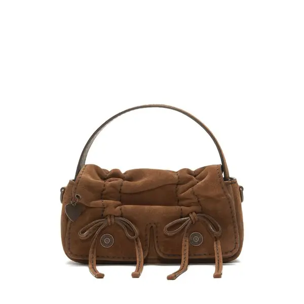 Acne Studios Calf Suede Shoulder Bag With Heart Charm And Bow Detail - Brown
