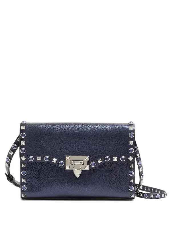Valentino Garavani Rockstud Small Shoulder Bag In Laminated Leather - Blue