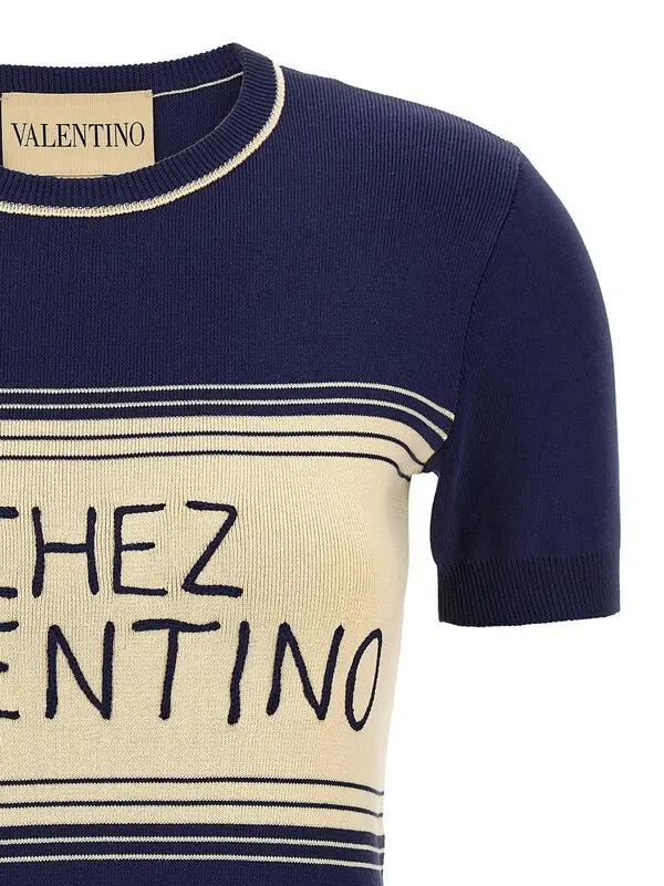 Valentino Garavani Striped Knit T-shirt With "chez " Embroidery