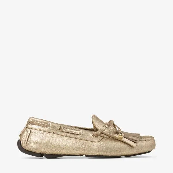 JIMMY CHOO Manon Gold Shimmer Suede Loafers With Metal Orb - Silver