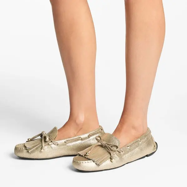 JIMMY CHOO Manon Gold Shimmer Suede Loafers With Metal Orb - Silver