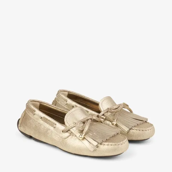 JIMMY CHOO Manon Gold Shimmer Suede Loafers With Metal Orb - Silver