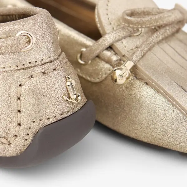 JIMMY CHOO Manon Gold Shimmer Suede Loafers With Metal Orb - Silver