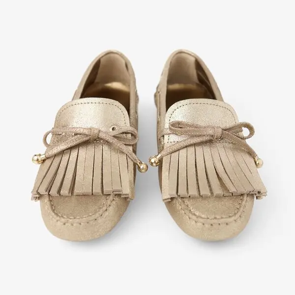 JIMMY CHOO Manon Gold Shimmer Suede Loafers With Metal Orb - Silver