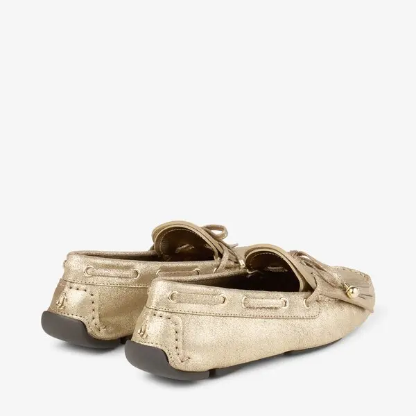 JIMMY CHOO Manon Gold Shimmer Suede Loafers With Metal Orb - Silver