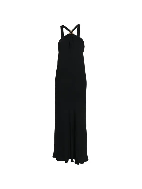 FORTE_FORTE Black Halterneck Ring Detail Silk Blend Long Dress - Multicolor