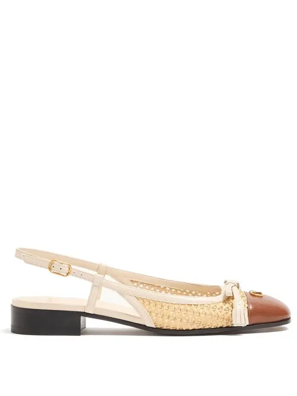 Valentino Garavani Leather And Raffia Slingback Ballerinas - Multicolor