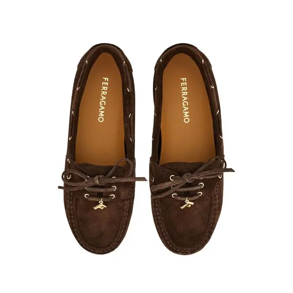 FERRAGAMO Dark Suede Moc Toe Loafers With Gold-tone Charm - Brown