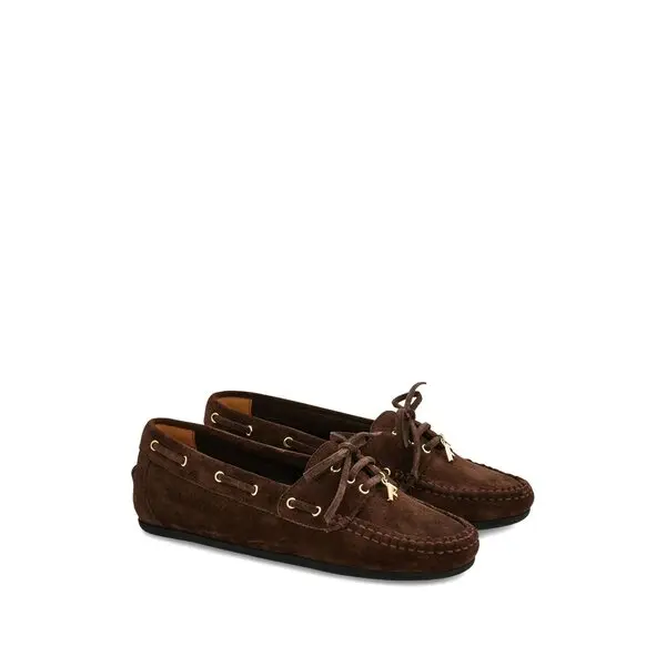 FERRAGAMO Dark Suede Moc Toe Loafers With Gold-tone Charm - Brown