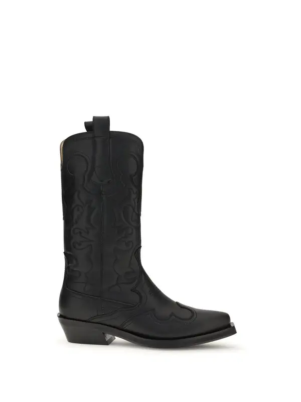 GANNI Embroidered Mid-calf Western Boots - Black
