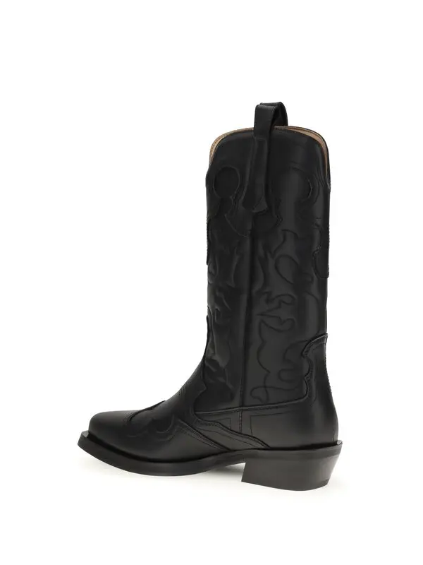 GANNI Embroidered Mid-calf Western Boots - Black