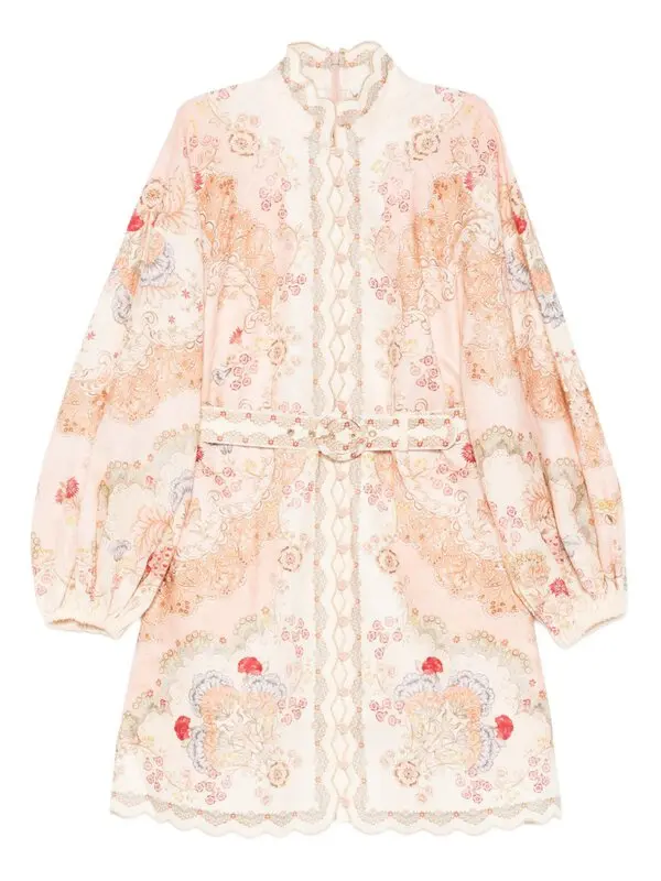 Zimmermann Daylight Linen Mini Dress With Floral Print And Lace Trim