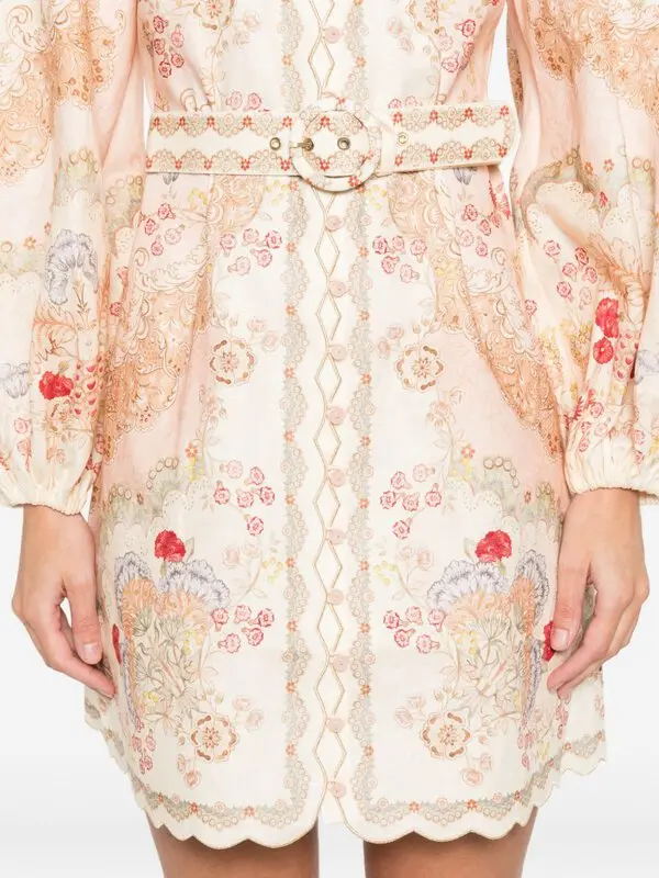 Zimmermann Daylight Linen Mini Dress With Floral Print And Lace Trim
