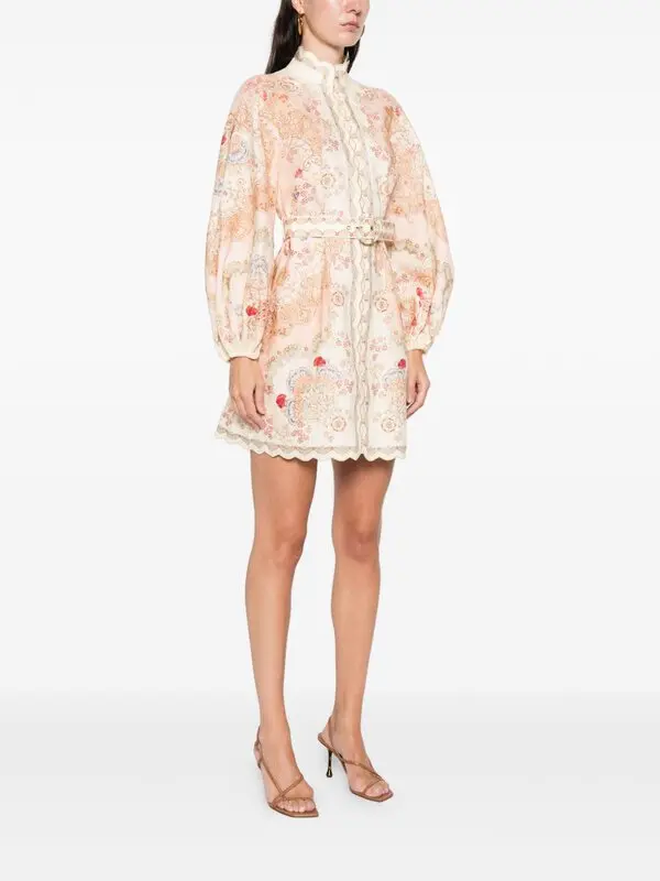 Zimmermann Daylight Linen Mini Dress With Floral Print And Lace Trim