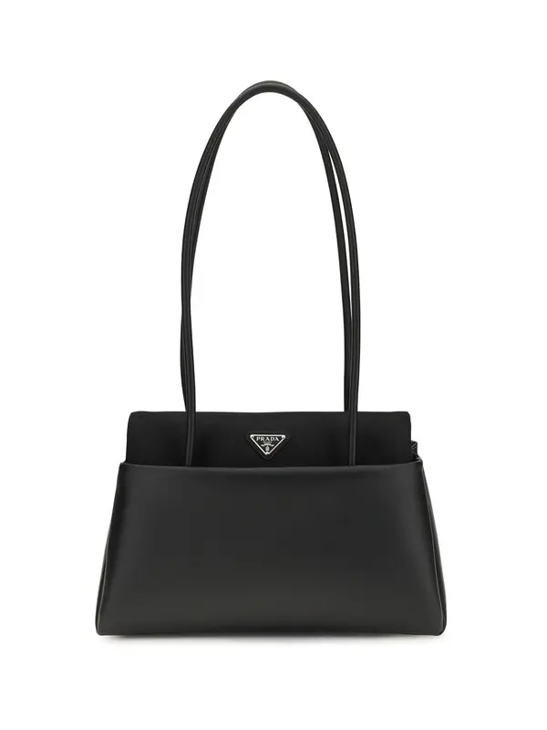 Prada Leather Shoulder Bag With Enameled Triangle Logo - Black