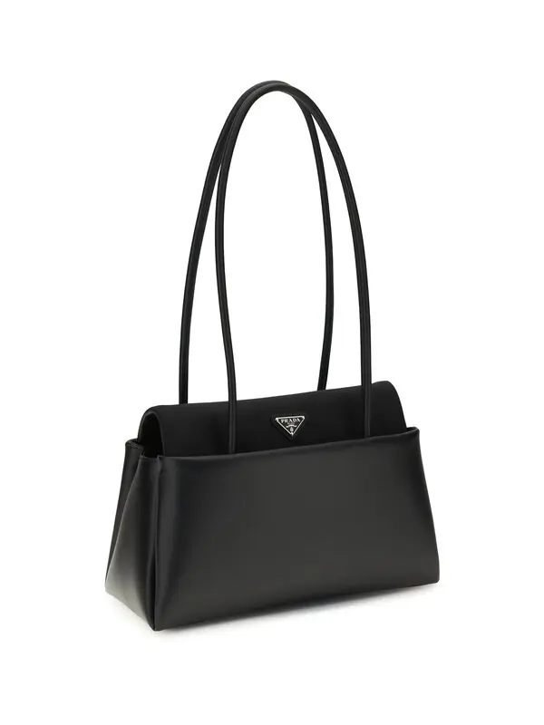 Prada Leather Shoulder Bag With Enameled Triangle Logo - Black