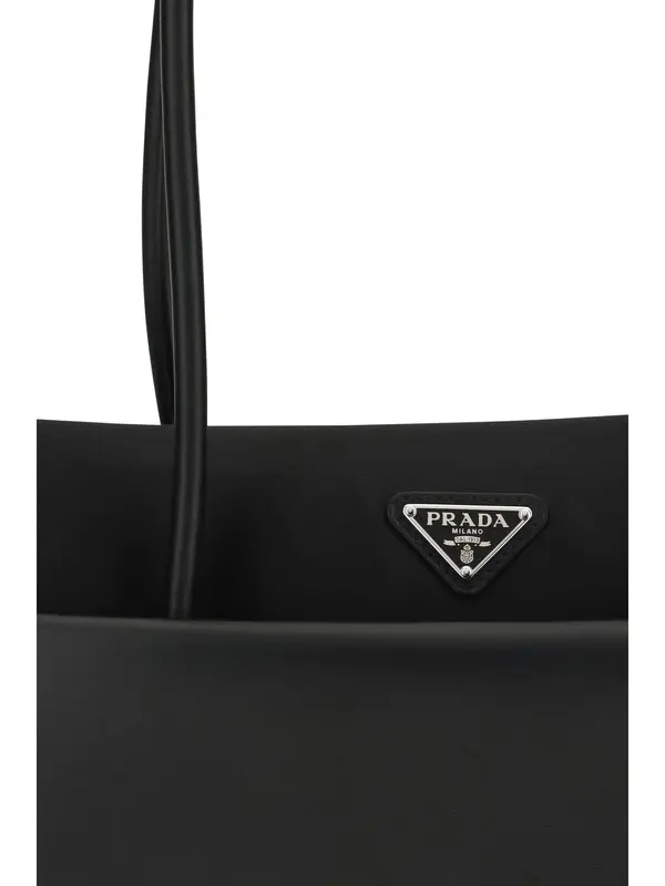 Prada Leather Shoulder Bag With Enameled Triangle Logo - Black