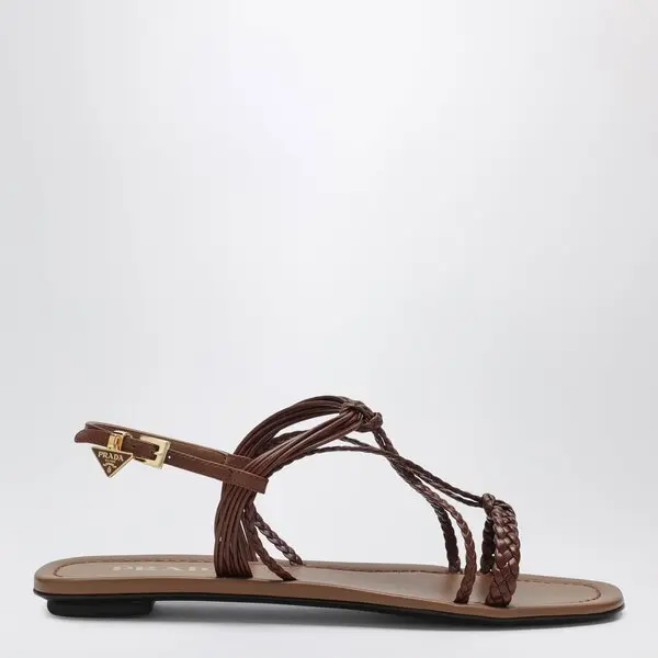 Prada Flat Leather Sandals With Enamelled Metal Triangle Logo