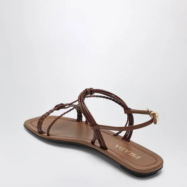 Prada Flat Leather Sandals With Enamelled Metal Triangle Logo