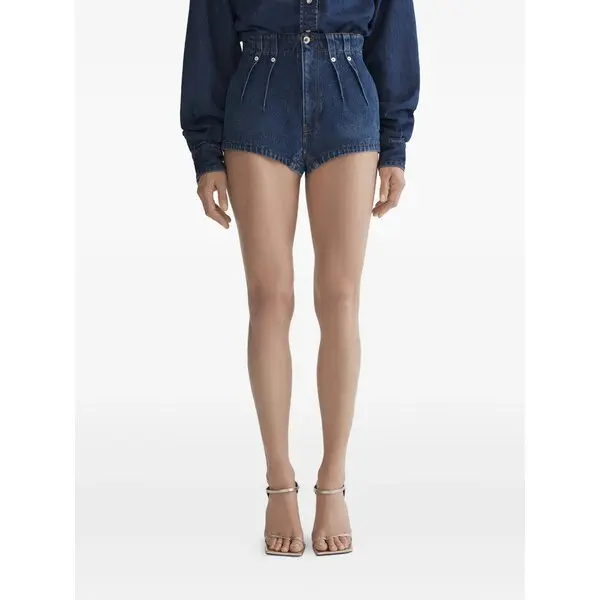 MUGLER Pleated High-waisted Denim Shorts
