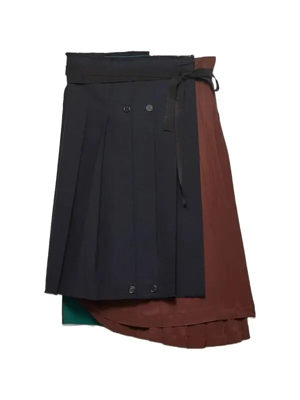 Prada Wool Patchwork Pleated Midi Skirt