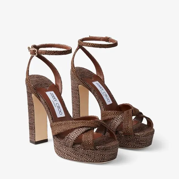 JIMMY CHOO Kove 120 Raffia Platform Sandals - Chocolate/tan