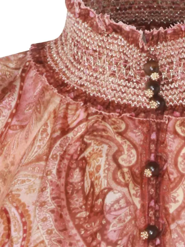 Zimmermann Wanderlust Silk Blouse With Paisley Print And Smocked High Neck