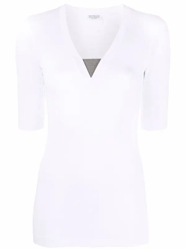 Brunello Cucinelli V-neck Short Sleeve Cotton Sweater - Multicolor