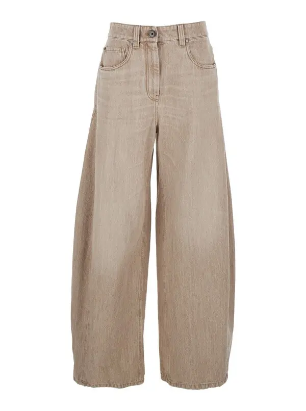 Brunello Cucinelli Beige Denim Balloon Fit Jeans With Back Logo Patch - Cream
