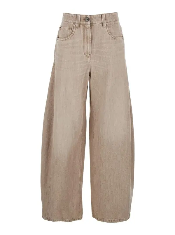 Brunello Cucinelli Beige Denim Balloon Fit Jeans With Back Logo Patch - Multicolor