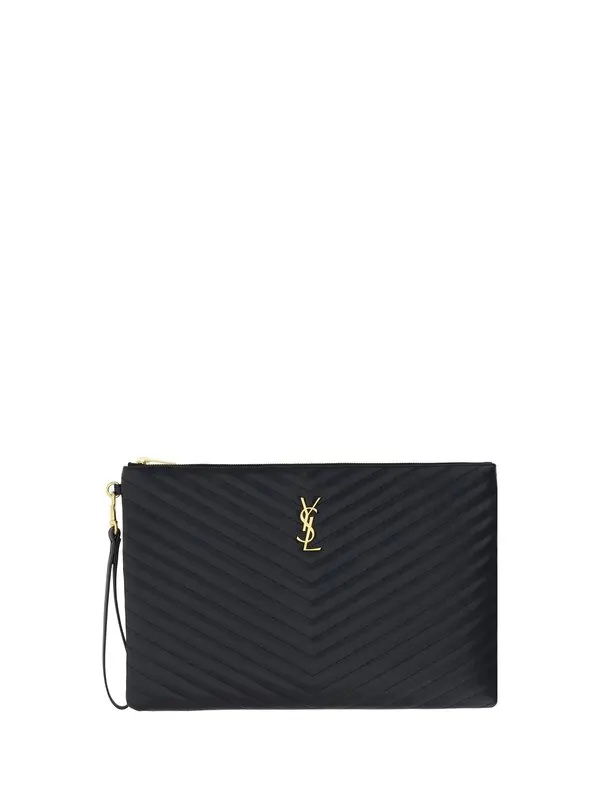 Saint Laurent Quilted Leather Pouch With Gold-tone Logo Applique - Black