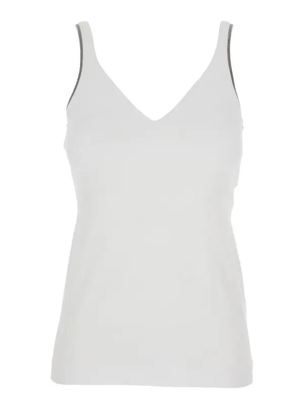 Brunello Cucinelli White Cotton V-neck Sleeveless Top With Monile Detail - Multicolor