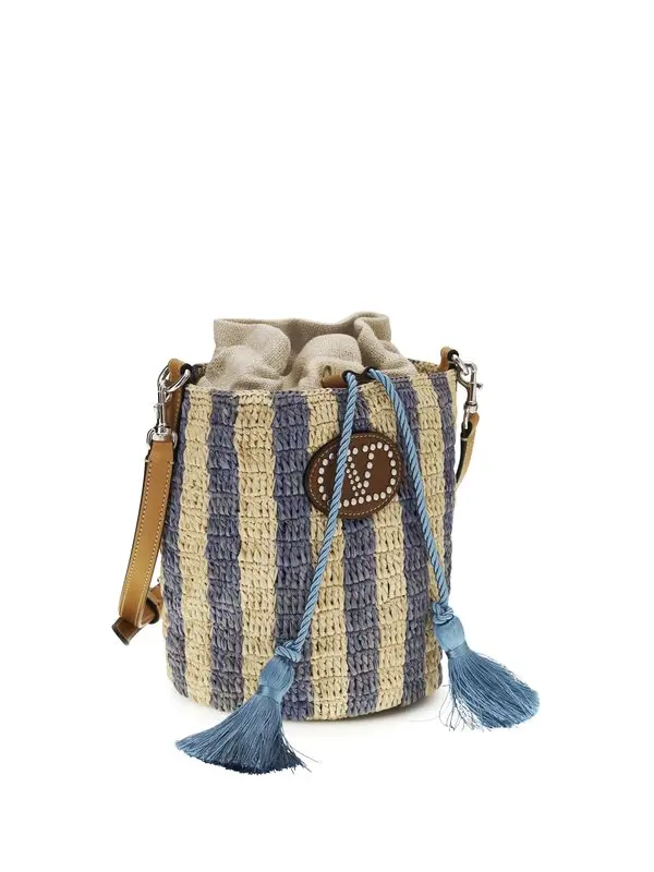 Valentino Garavani Striped Raffia Bucket Bag With Palladium-finish Hardware - Blue
