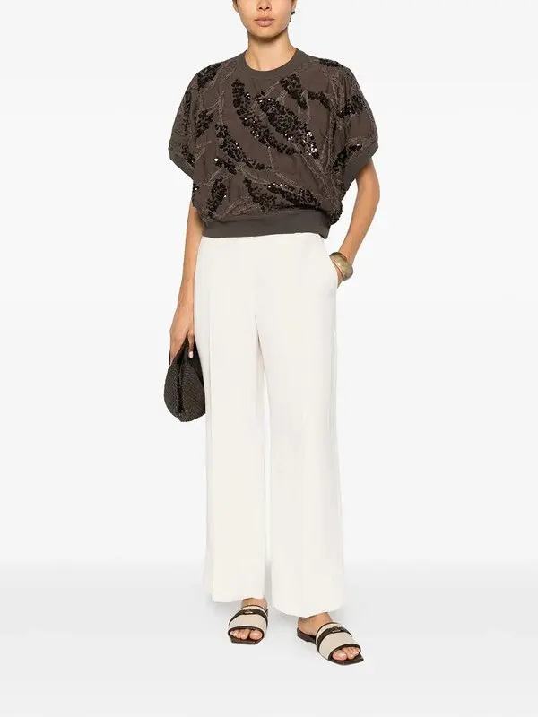 Brunello Cucinelli Viscose And Linen Fluid Twill Cigarette Trousers With Monili - White