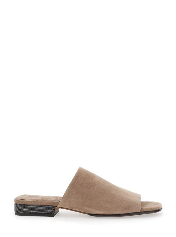 Brunello Cucinelli Beige Suede Sandals With Monile Detail - Multicolor