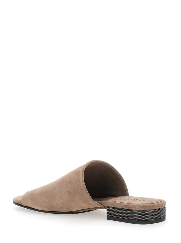 Brunello Cucinelli Beige Suede Sandals With Monile Detail - Multicolor