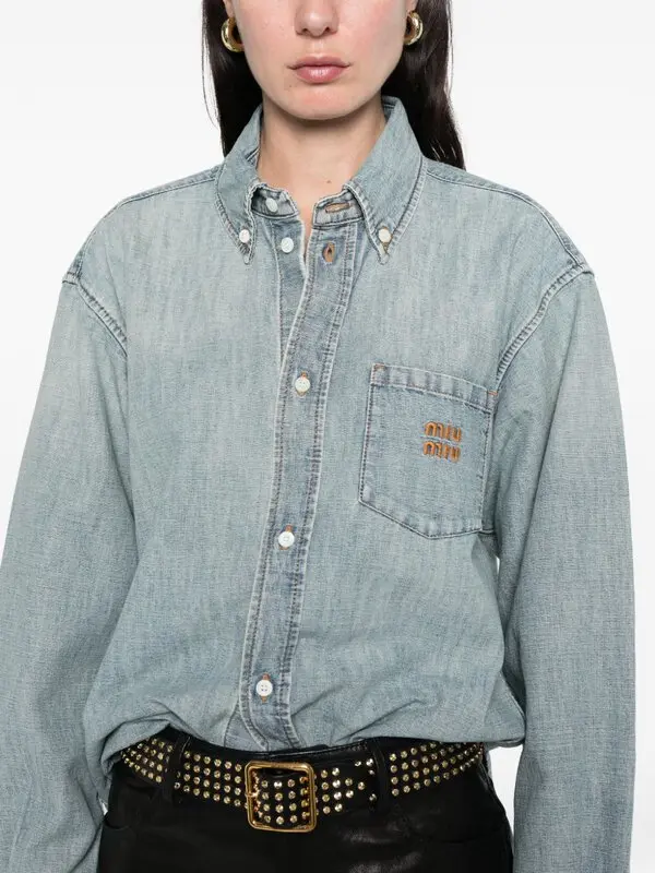 Miu Miu Denim Cotton Shirt With Logo Embroidery - Multicolor