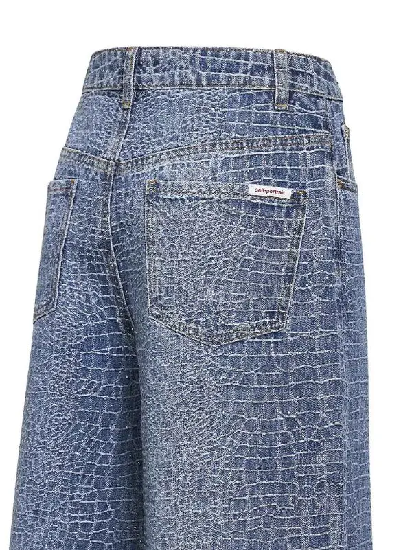 SELF-PORTRAIT Blue Rhinestone Croc-effect Wide-leg Jeans