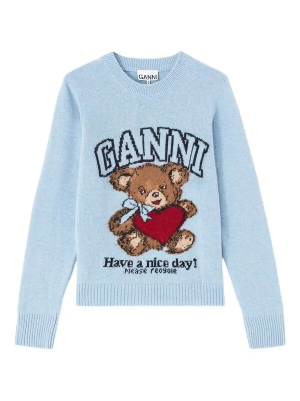 GANNI Light Blue Graphic Print Crewneck Sweater - Multicolor