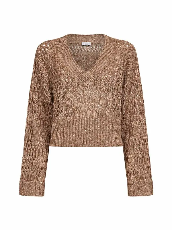 Brunello Cucinelli Brown Linen Dazzling Braids Sweater - Multicolor