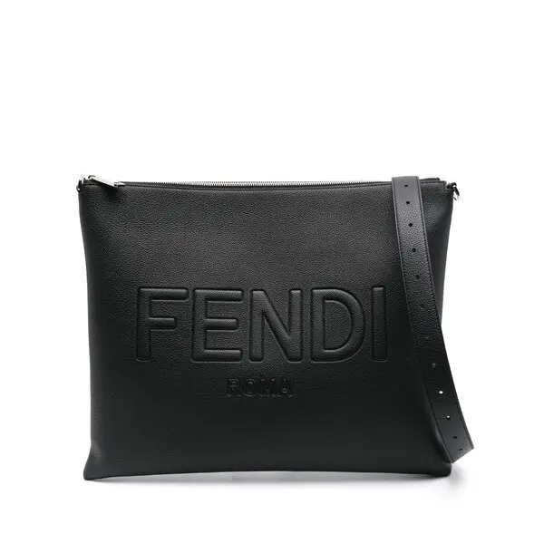 Fendi Calf Leather Embossed Logo Shoulder Bag - Black